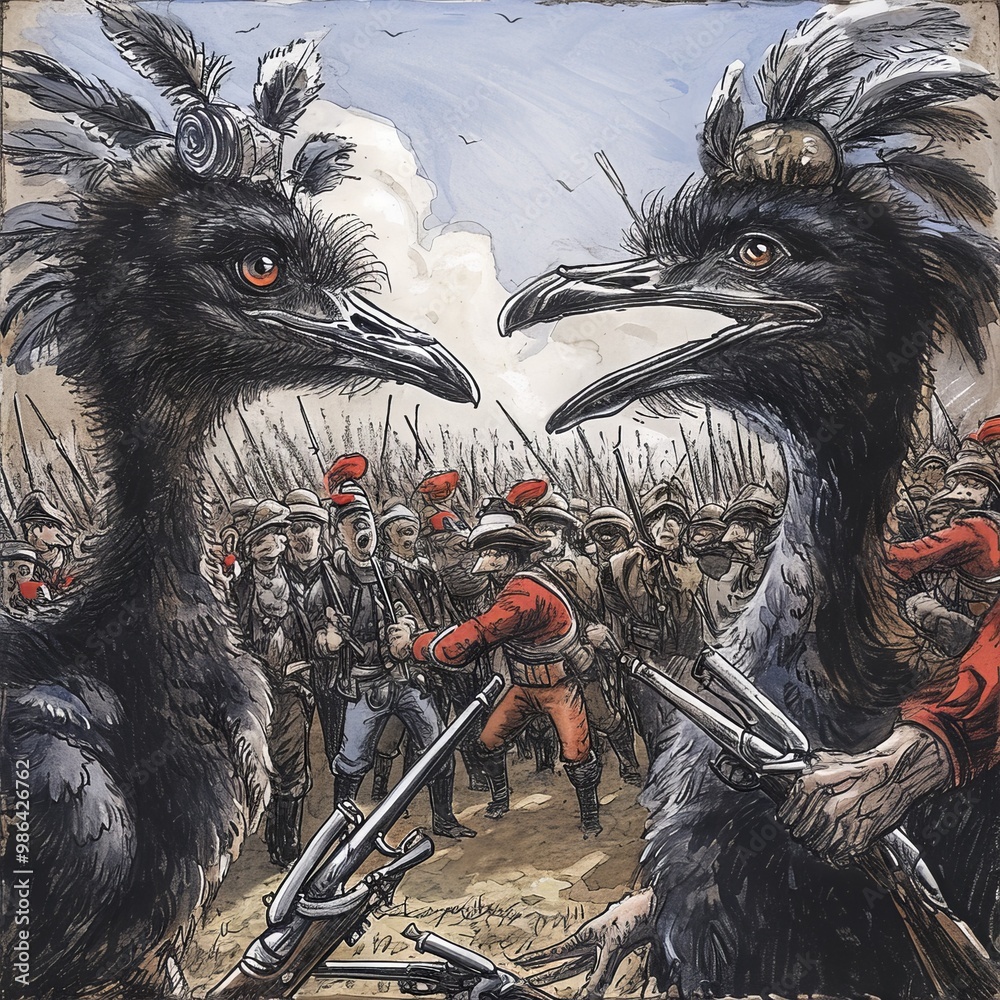 A satirical political cartoon-style image featuring emus armed with ...