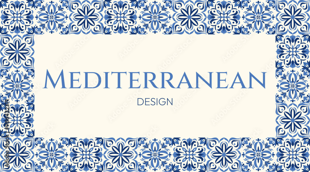 Elegant Mediterranean-themed frame featuring navy blue floral tile ...