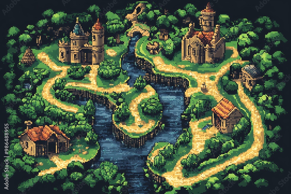 Top down pixel art village map with river, buildings, and paths. Stock ...