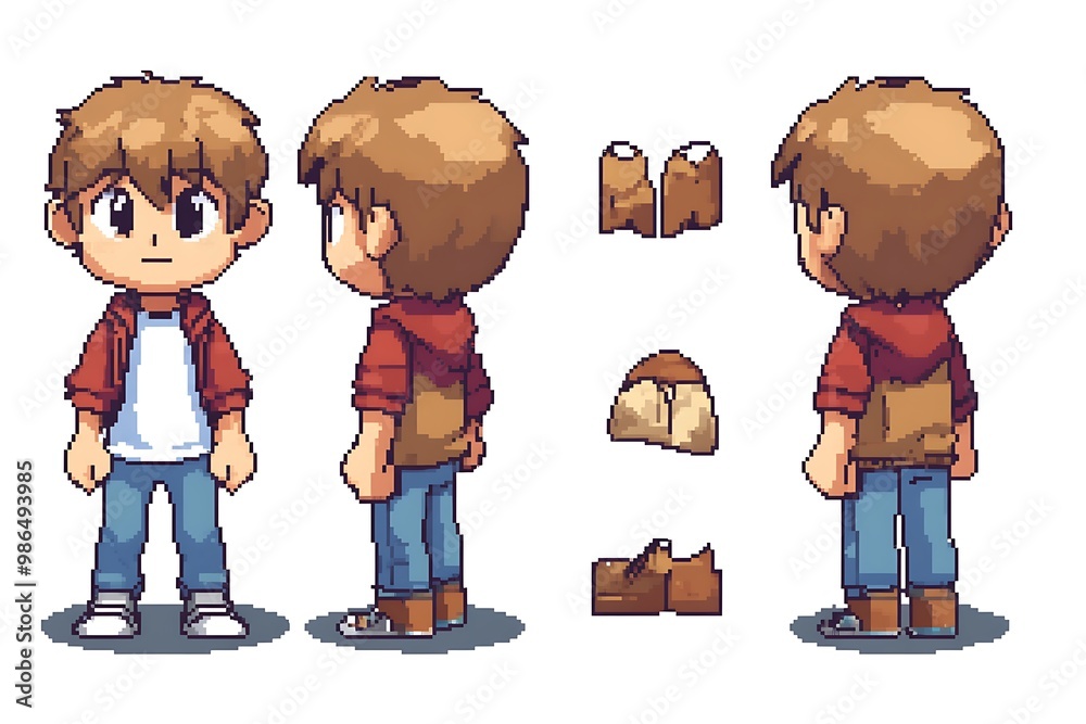 Pixel art character sprite sheet of a boy wearing a red jacket, blue ...