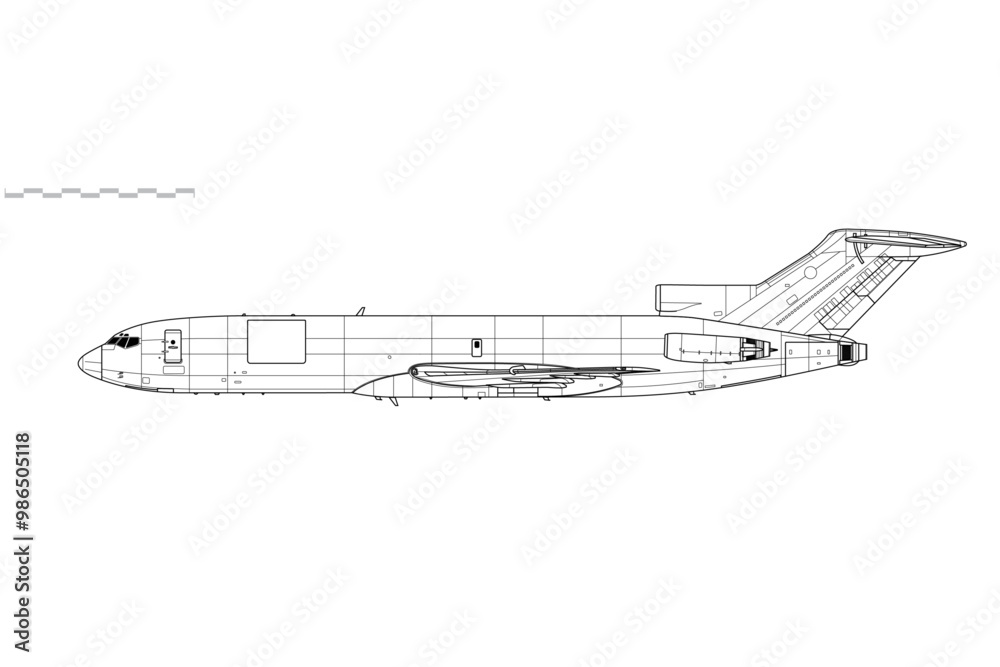 Boeing 727-200F Freighter. Vector drawing of cargo jet aircraft. Side ...