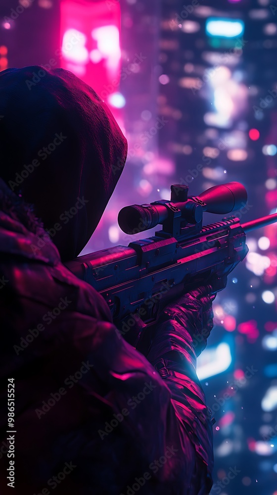Silhouette of a sniper with a rifle aiming in a neon city. Cyberpunk ...