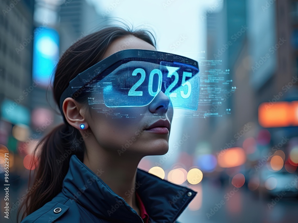Futuristic woman wearing augmented reality glasses displaying "2025" in urban setting ...