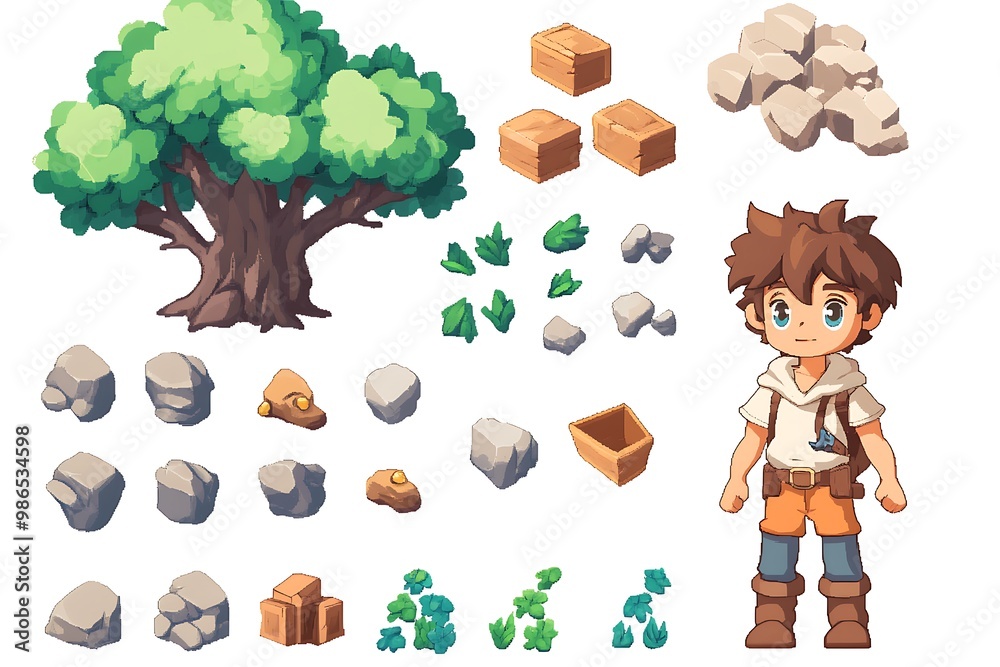 Cartoon Boy Explorer Game Character Sprite with Nature and Terrain ...