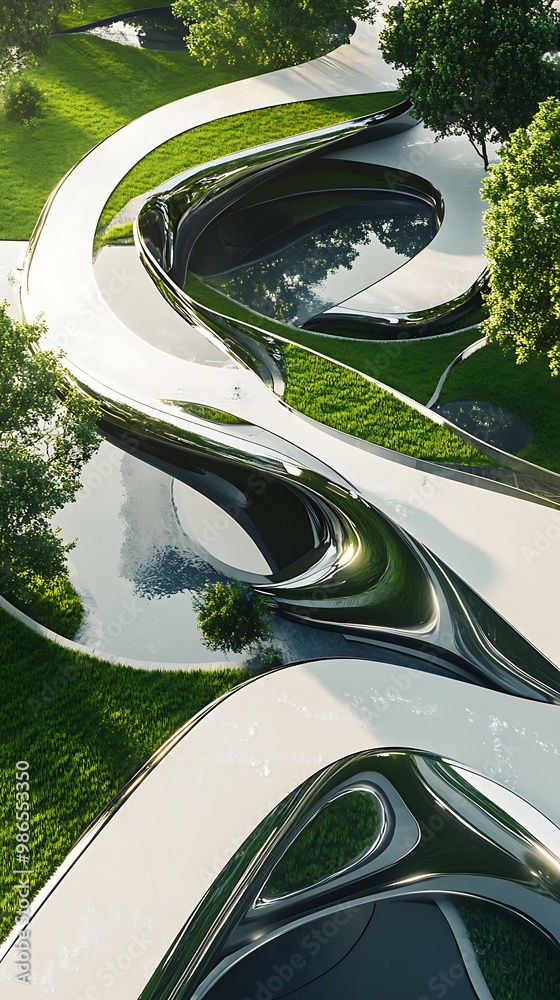 Abstract aerial view of a modern futuristic park design with winding ...