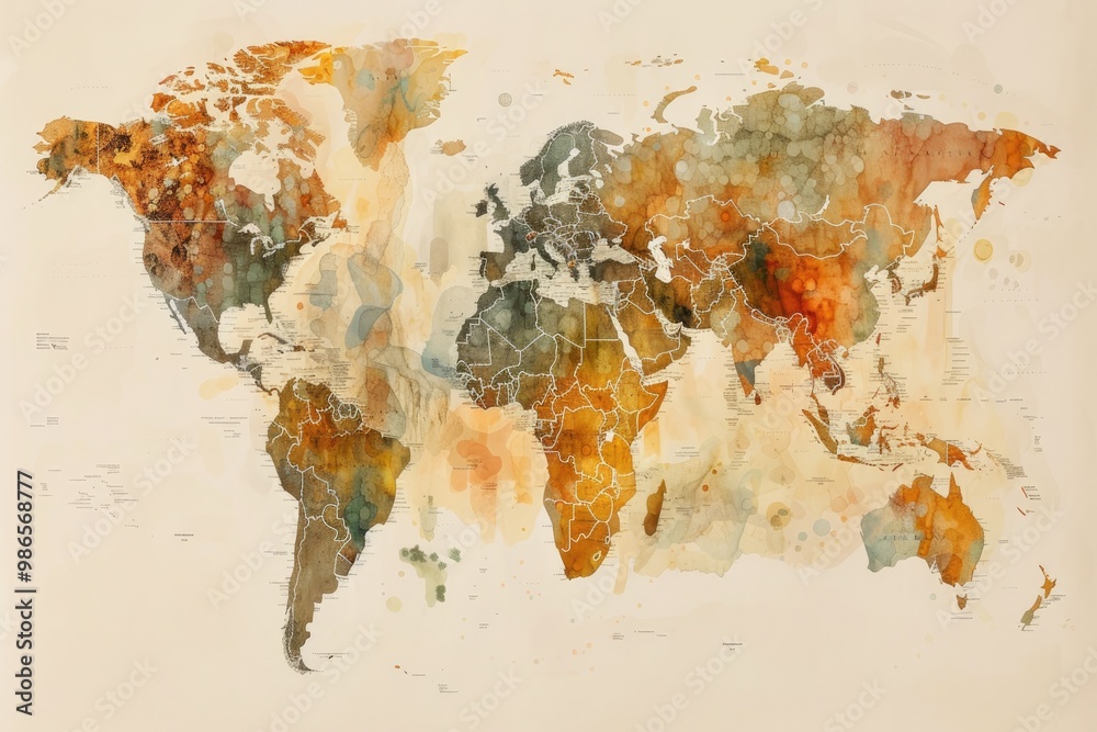 A vintage-style world map showcasing different regions with unique ...