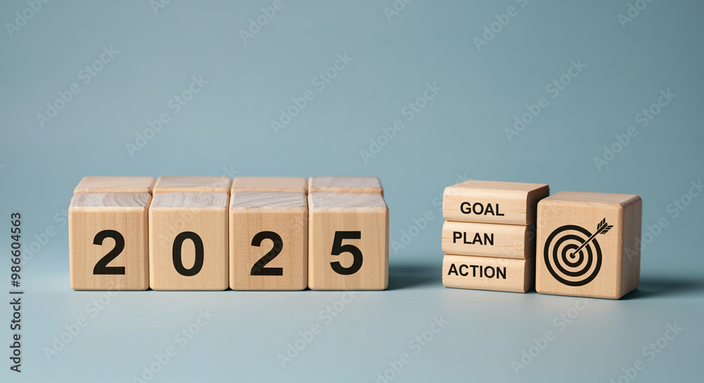 Wooden blocks for business planning and goal setting in 2025 with ...