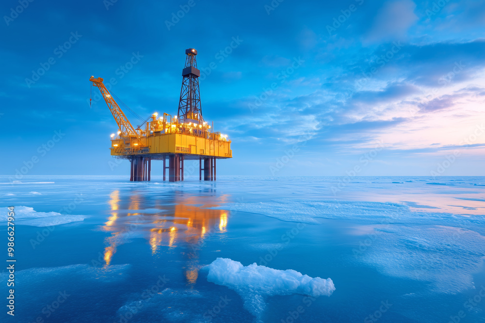 Oil rig stands tall over frozen waters during twilight, capturing the ...