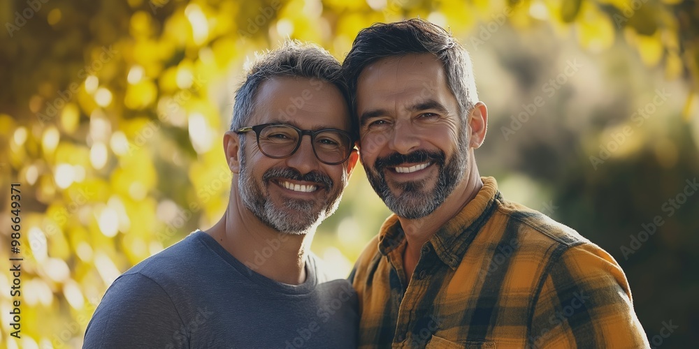 Two men are smiling and posing for a picture. One of them is wearing ...