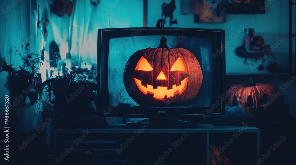 A Halloween horror movie marathon watchlist, displayed on a TV screen ...