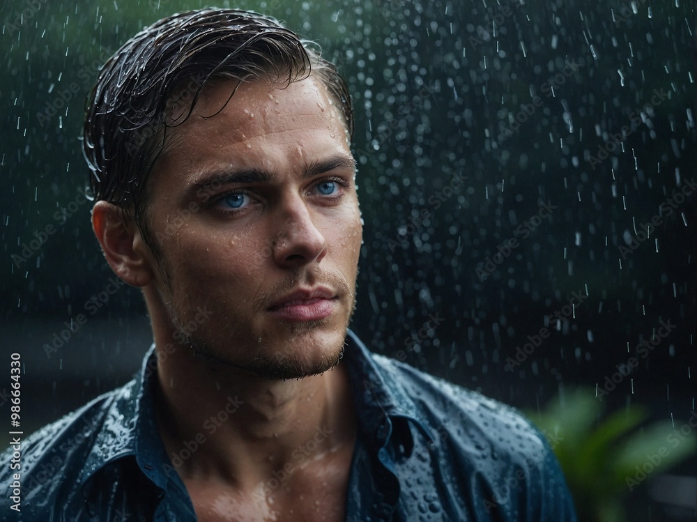 Handsome male model stands in the rain, showcasing intense expression ...