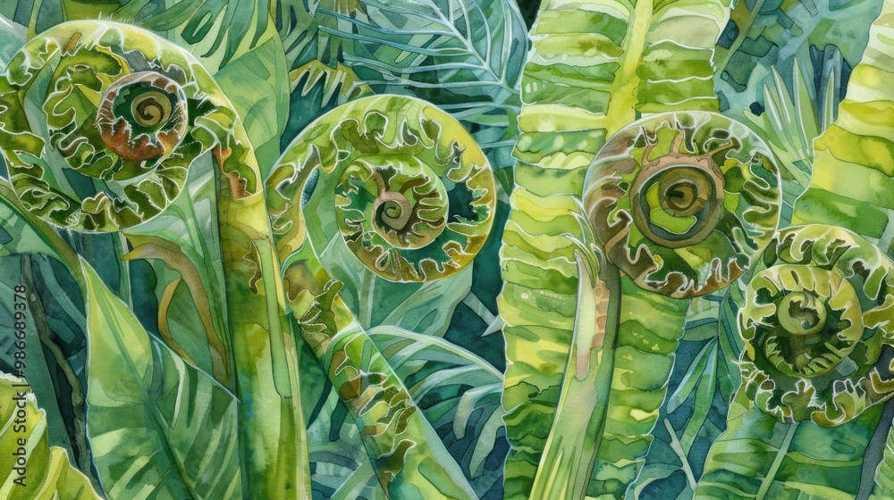 Watercolor illustration depicting a close-up of prehistoric ferns and ...