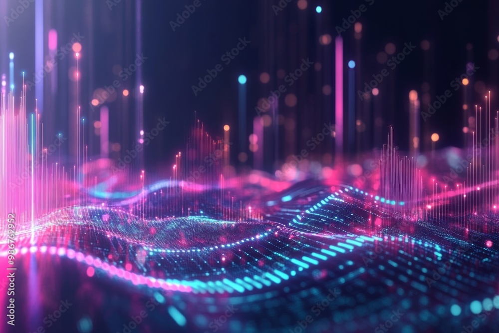 Big Data Visualization Concept With Bright Glowing Lines On Abstract Technology Background Stock