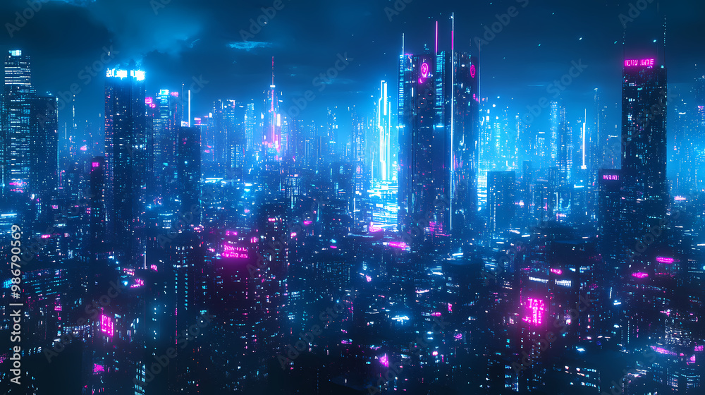 A futuristic night city in the distance glowing with neon light ...