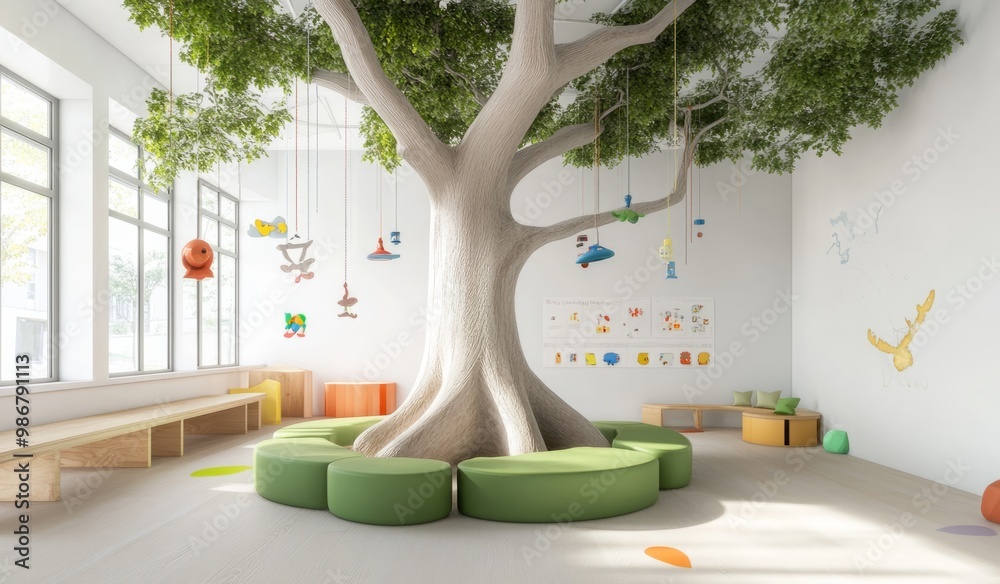 A playful tree centerpiece in the middle of an early childhood ...
