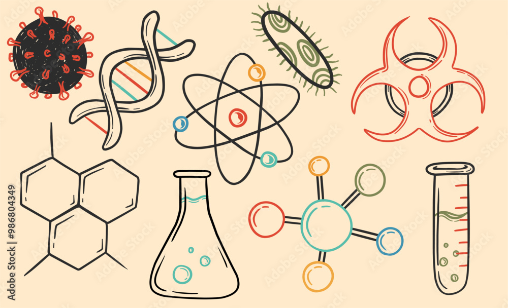 Hand-drawn science editable stroke doodle outline color icons set ...