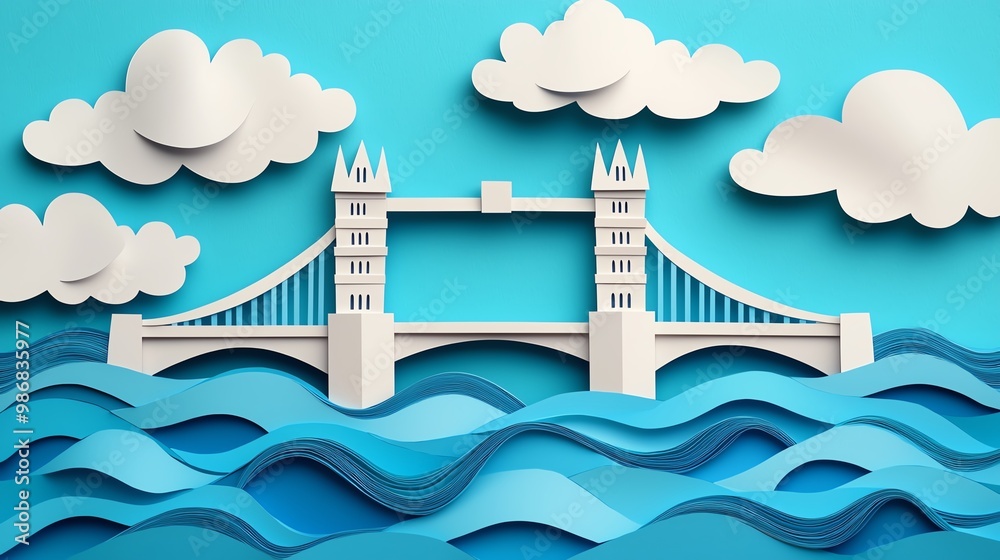 Tower Bridge, London, bridge and river with paper folds, paper craft ...