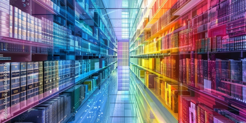 Virtual bookshelf with a range of colorful digital book covers floating ...