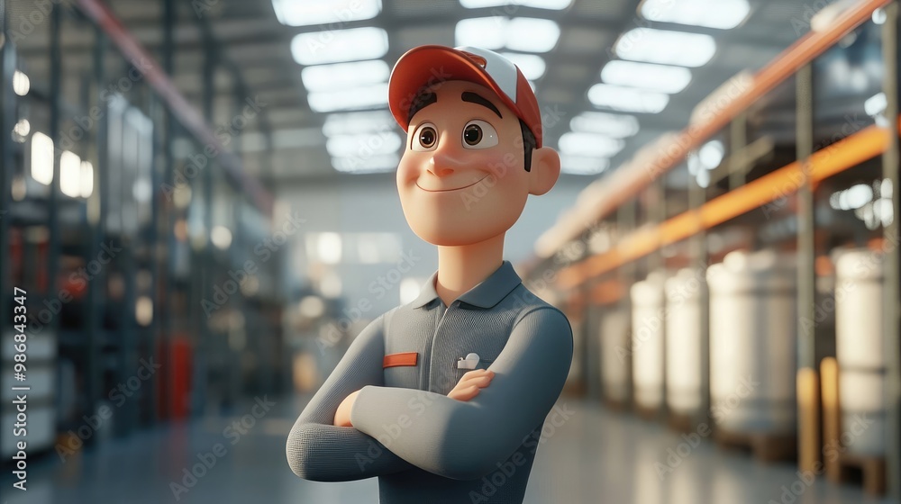 3D Cartoon of Happy Warehouse Worker in Uniform and Safety Helmet Stock ...