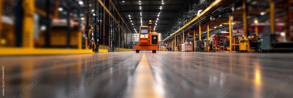 A modern warehouse environment featuring an automated guided vehicle ...