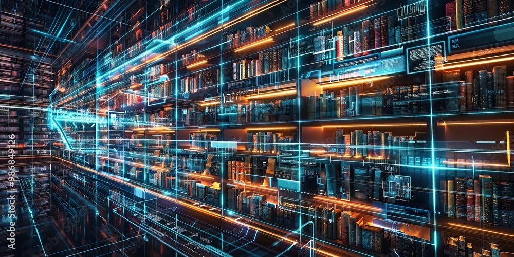 Modern virtual bookshelf displaying a wide range of digital book covers ...