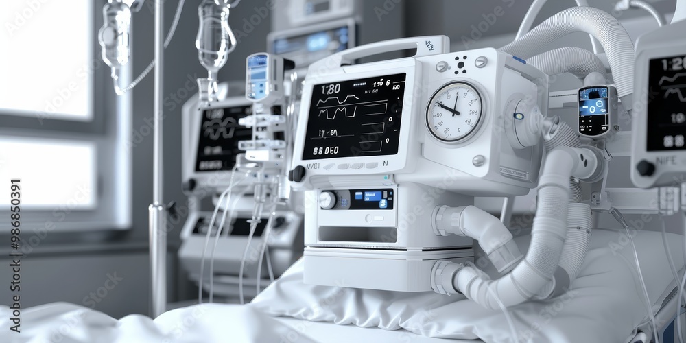 Detailed image of a ventilator and life support machine with various ...