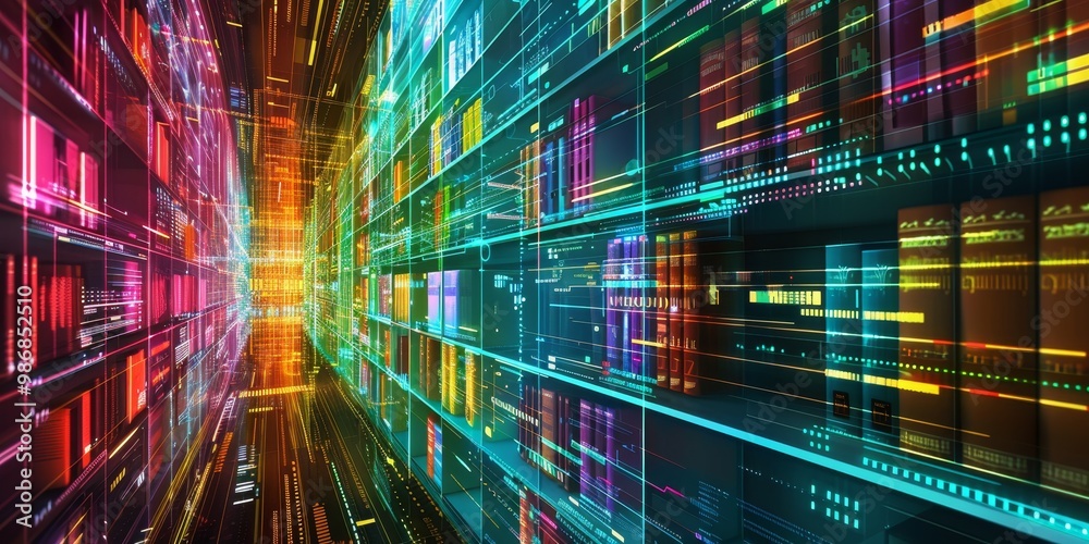 Virtual bookshelf in a high-tech setting, featuring an array of ...