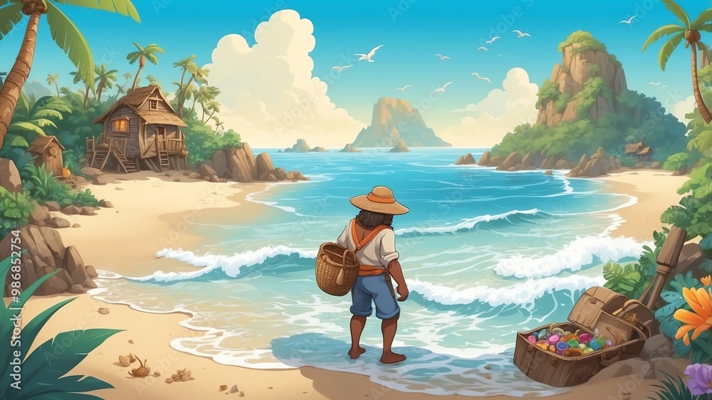 Beachcomber Searching for Treasures Cartoon Background Design Stock ...