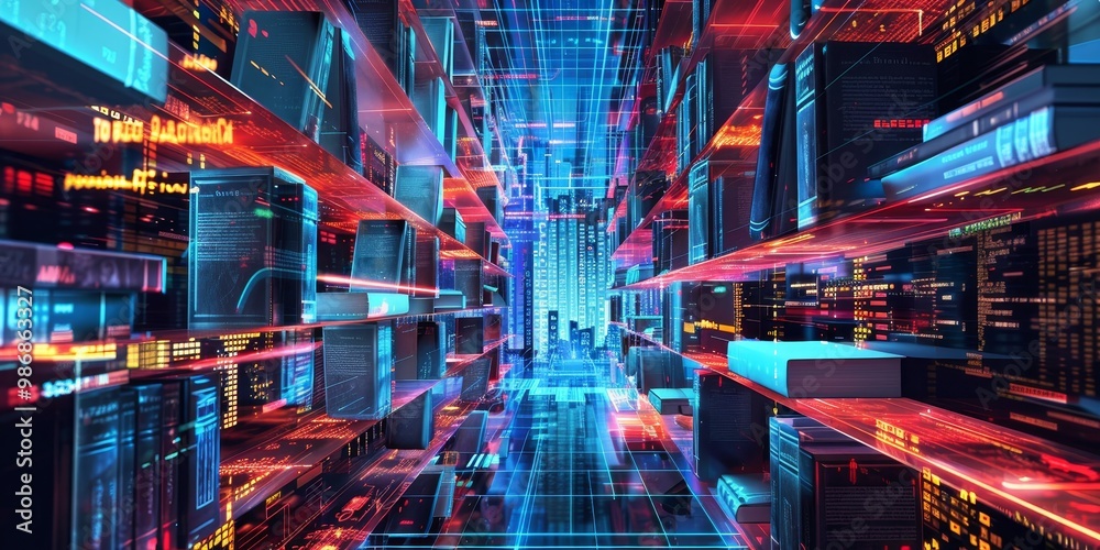 Virtual bookshelf with floating digital book covers and interactive ...