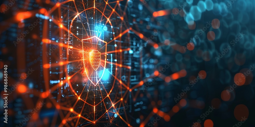 A futuristic representation of a digital firewall as a radiant shield ...