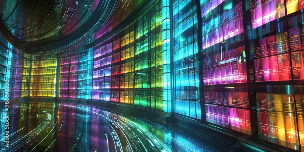 Virtual bookshelf displaying a diverse selection of digital books, set ...