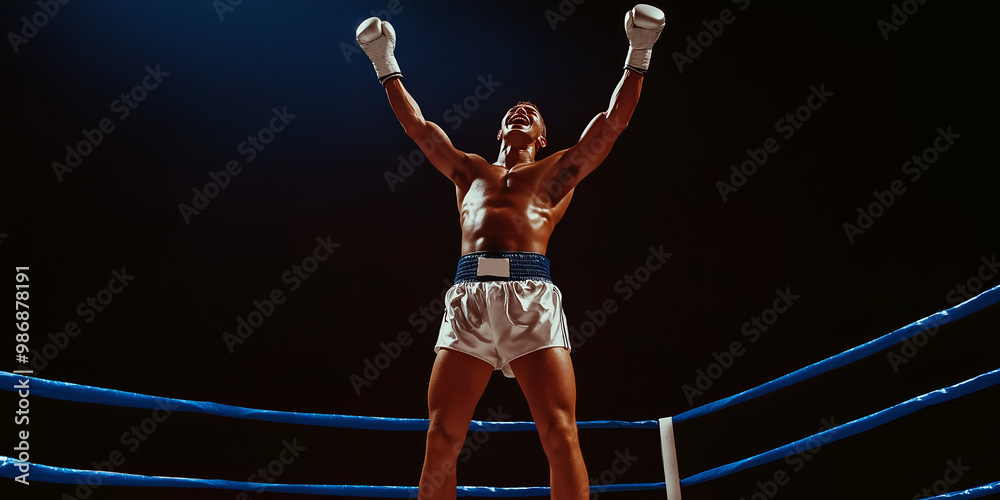 photo of a victorious boxer celebrating triumph with raised arms in the ...