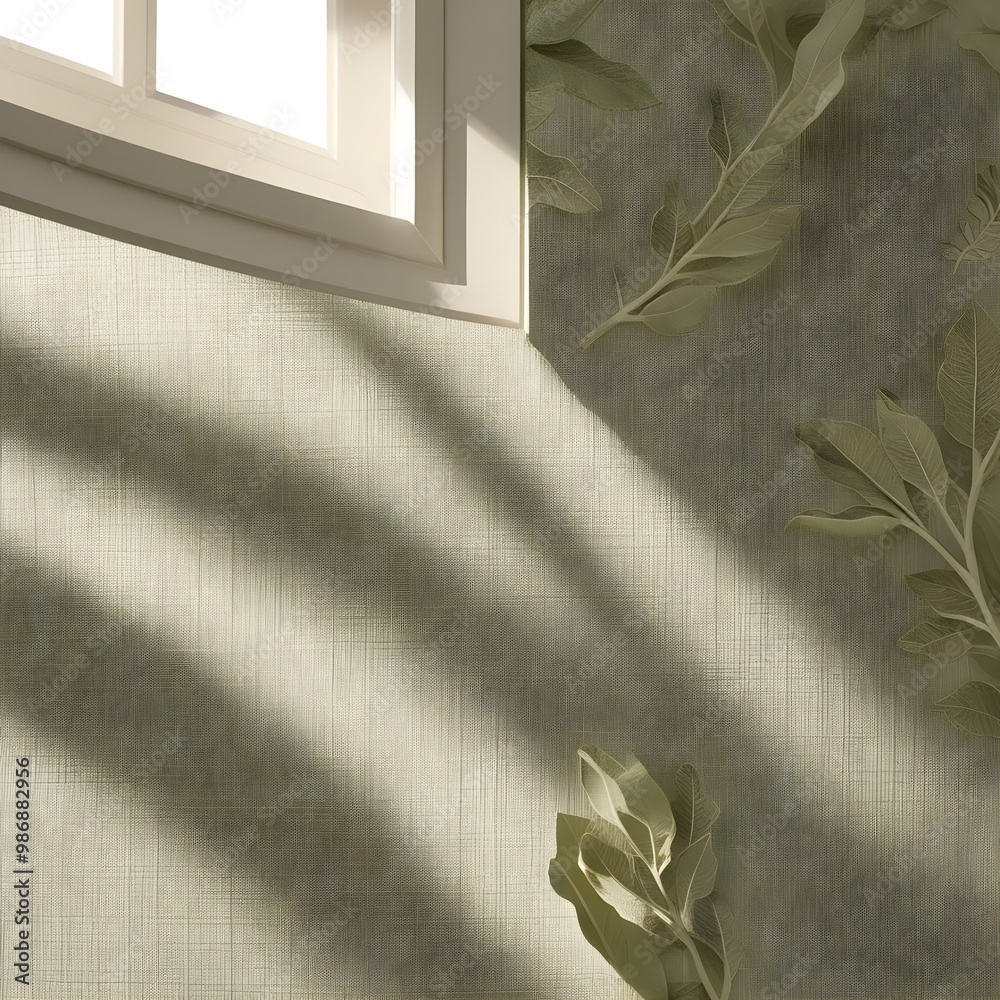 Beautiful sunlight, shadow of window, leaf foliage on blank sage green ...