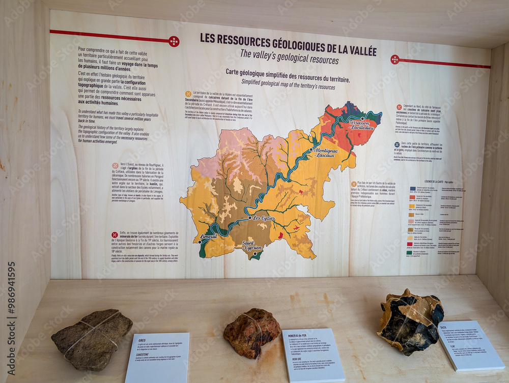 France, 1 July 2024: Geological map and rock samples display in museum ...