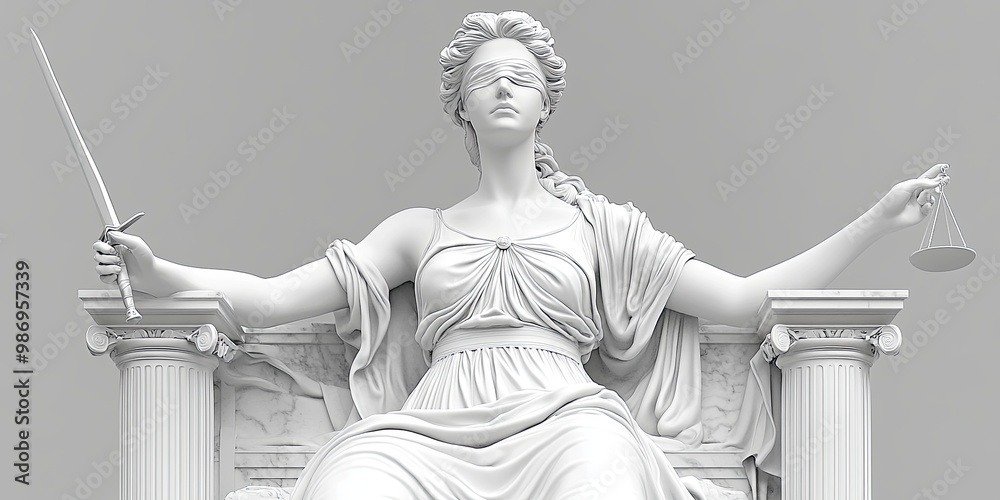Lady Justice: A solemn depiction of Lady Justice, the embodiment of the ...