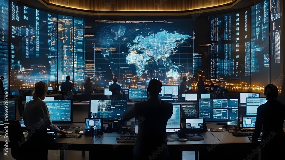 Security teams in a high-tech control room managing a cyber attack ...