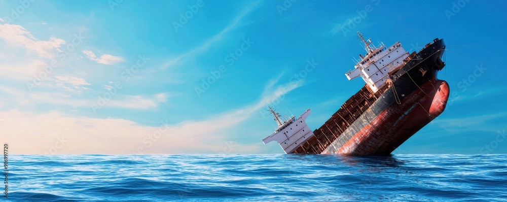 Tilted cargo ship sinking in the ocean under a blue sky with scattered ...