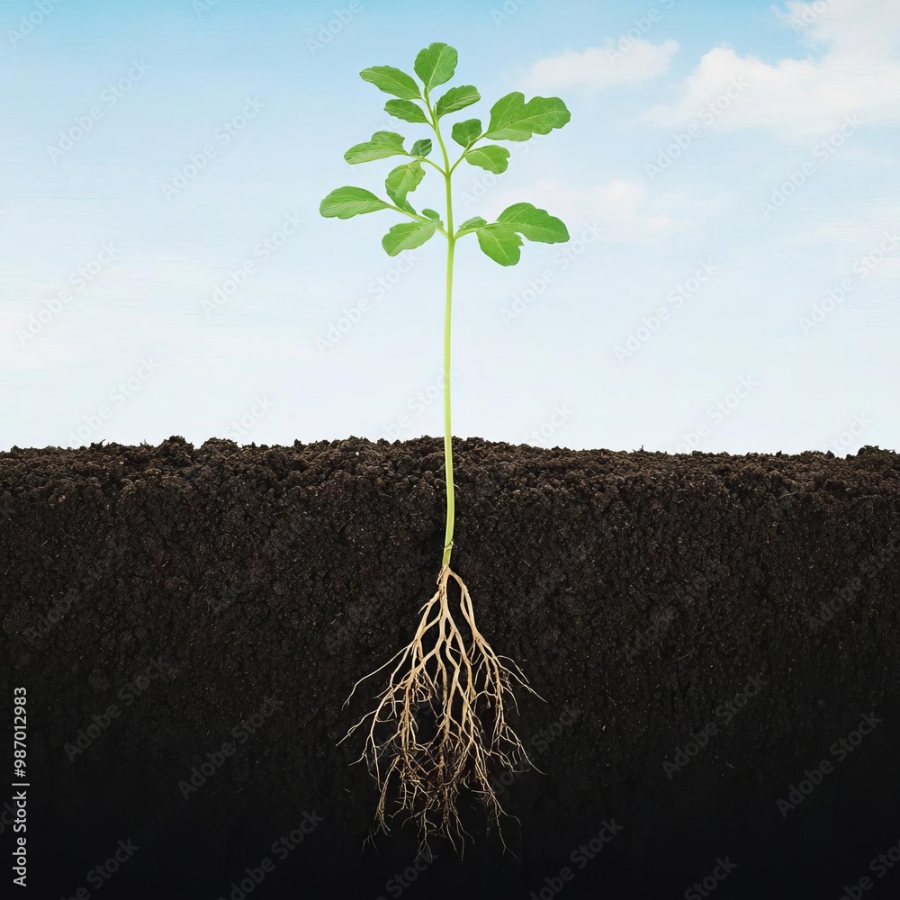 Roots of a plant growing deep into nutrient-rich soil, illustrating ...