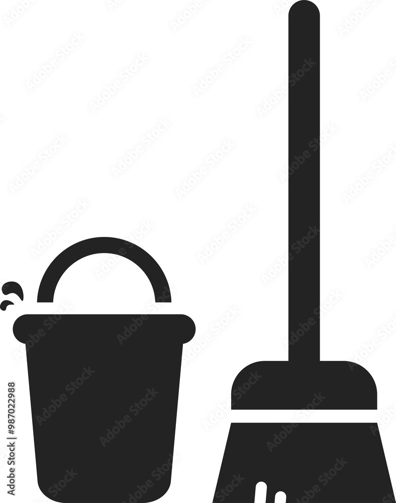 Isolated pictogram water bucket and mopping stick icon for safety sign ...