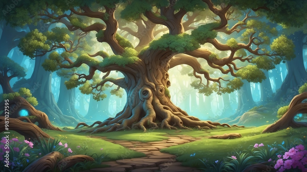 Enchanted Oak Tree Cartoon Background Design Stock Illustration | Adobe ...