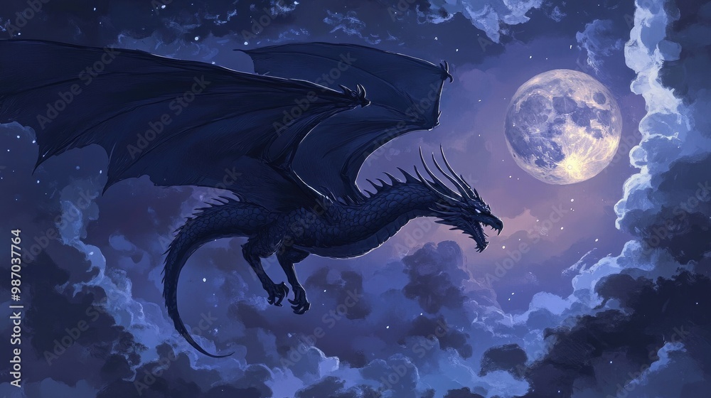 A majestic dragon soars across the night sky under the moonlight ...
