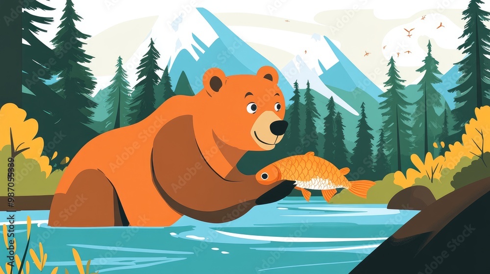 Cartoon bear catching fish in a river, wilderness survival theme in ...