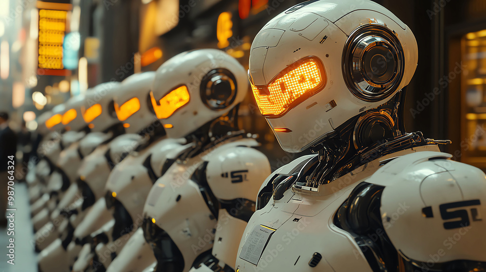 Group of robots wearing business suits at a stock exchange, [corporate ...