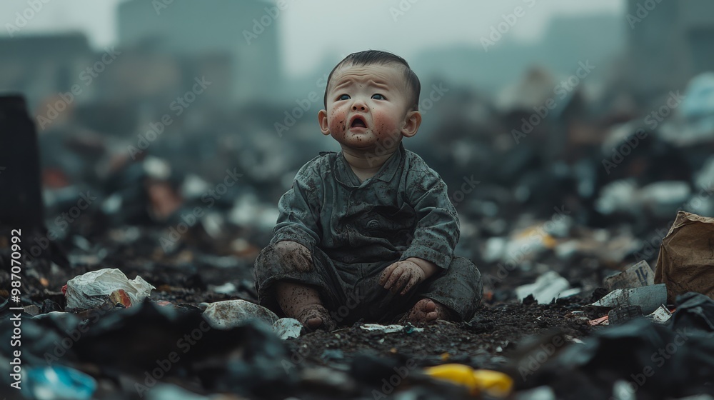 Young child sitting amidst a garbage pile in a polluted area, showing ...