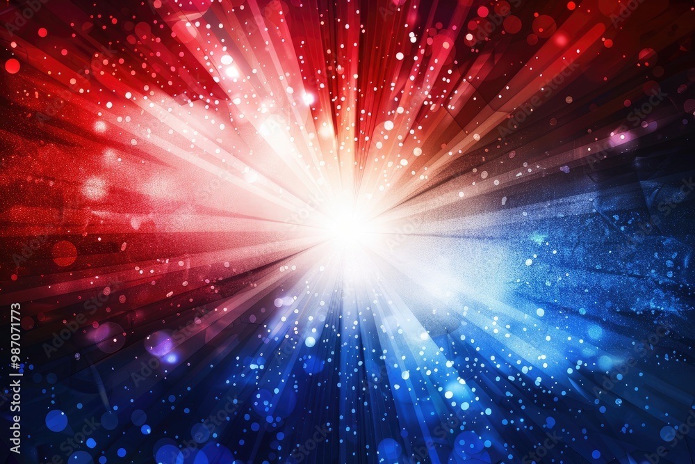 Abstract background with rays of light in red, white and blue colors ...