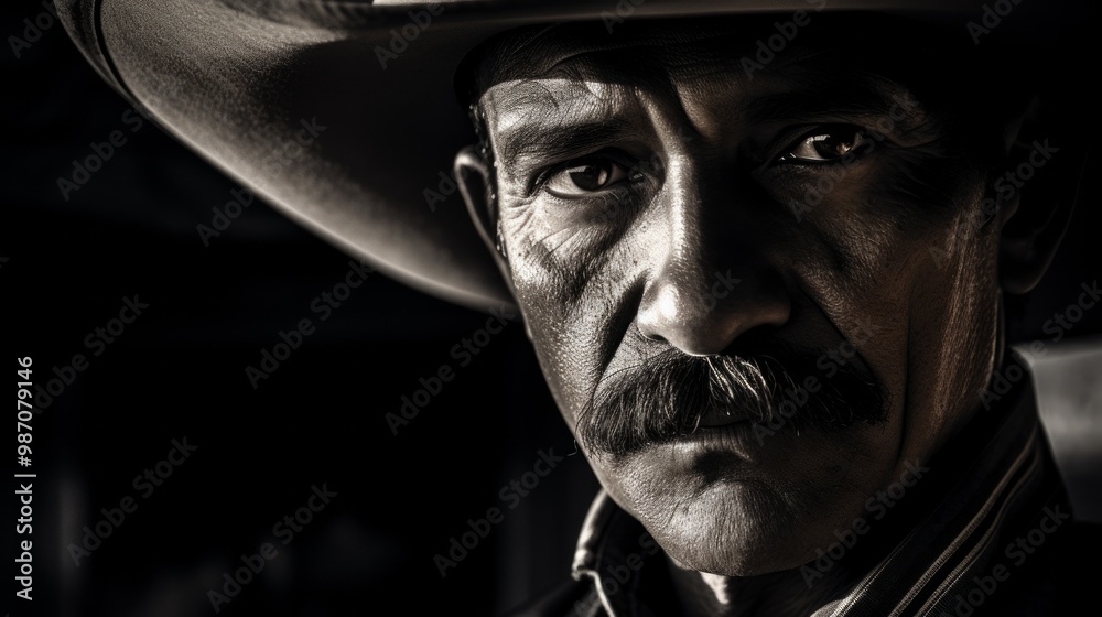 Vintage man with mustache and sombrero hat, mexican macho hat. Neural ...
