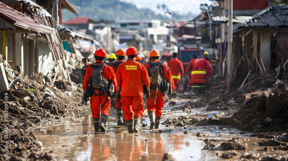 Scenes of emergency personnel and rescue teams assisting affected ...