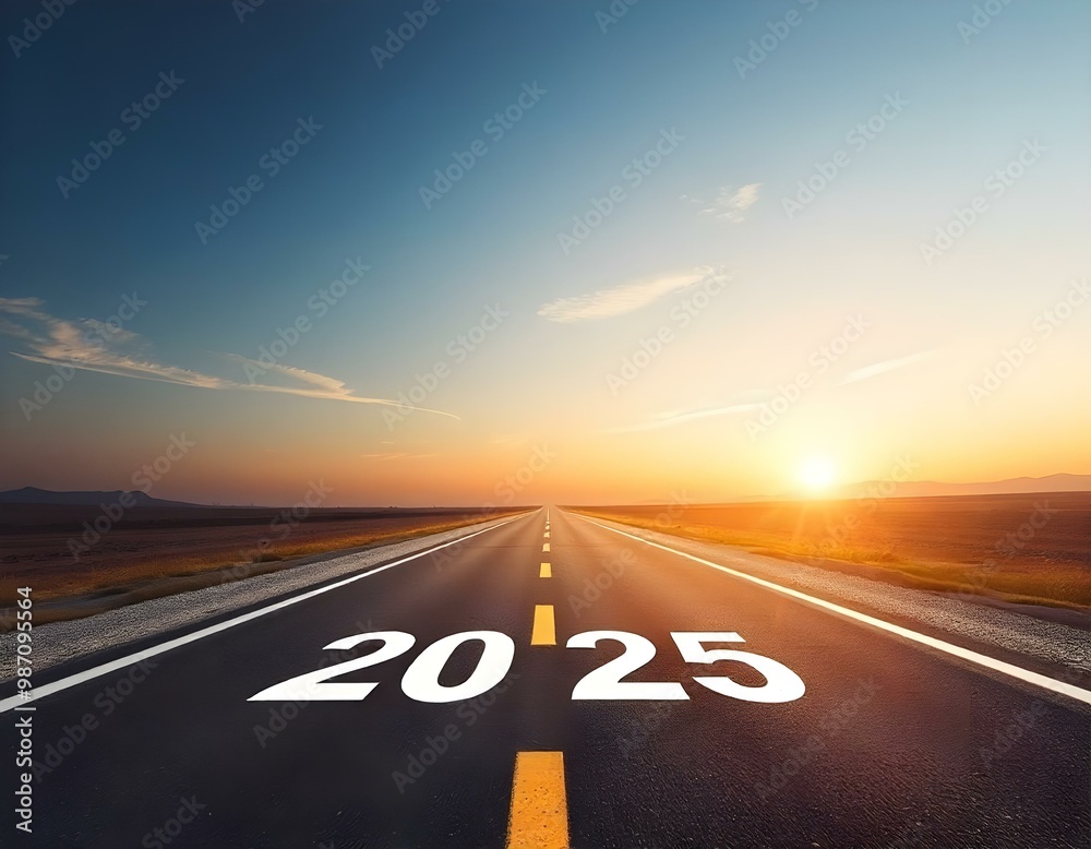 Ilustración de Stock Road to 2025 with an empty road with written 2025 ...