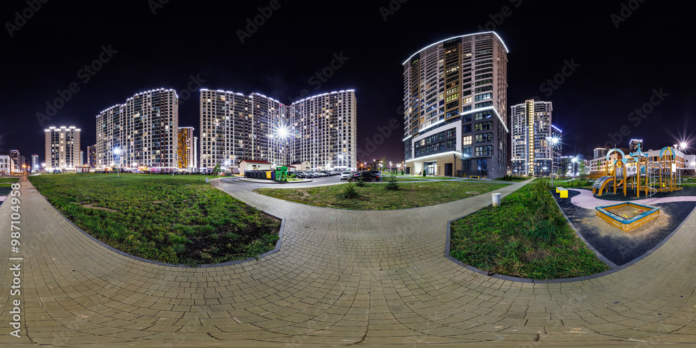 night panorama 360 near skyscraper multistory buildings with ...