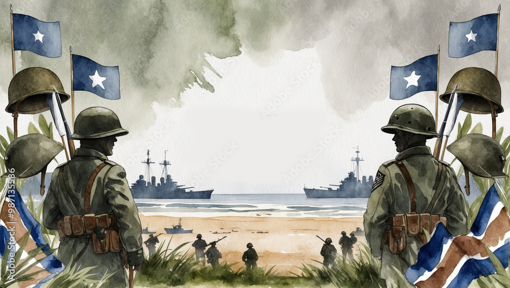 This powerful D-Day watercolor background features military helmets ...